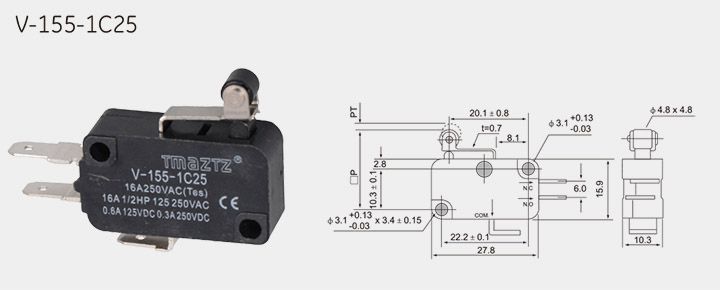 V-155-1C25 Short Lever Roller Micro Switch Supplier TMAZTZ Electric