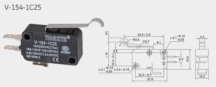 V-154-1C25 Curved Lever Micro Switch Supplier TMAZTZ Electric